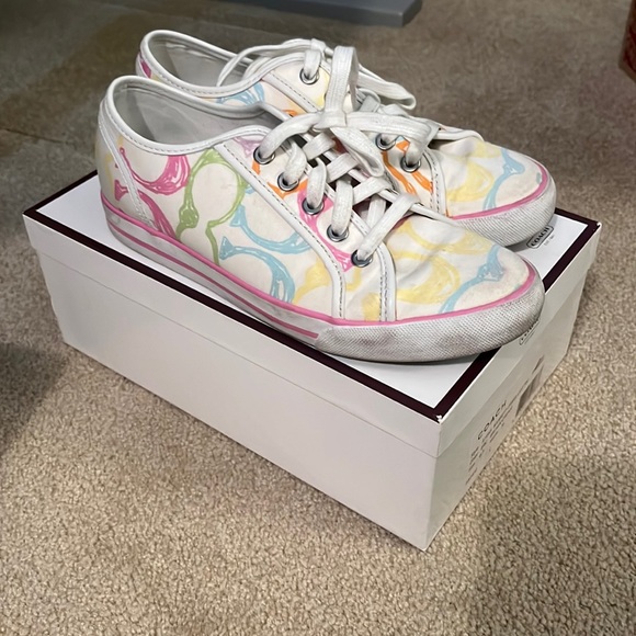 Coach | Shoes | Coach Low Top Multicolor Pastel Logo White Sneakers ...